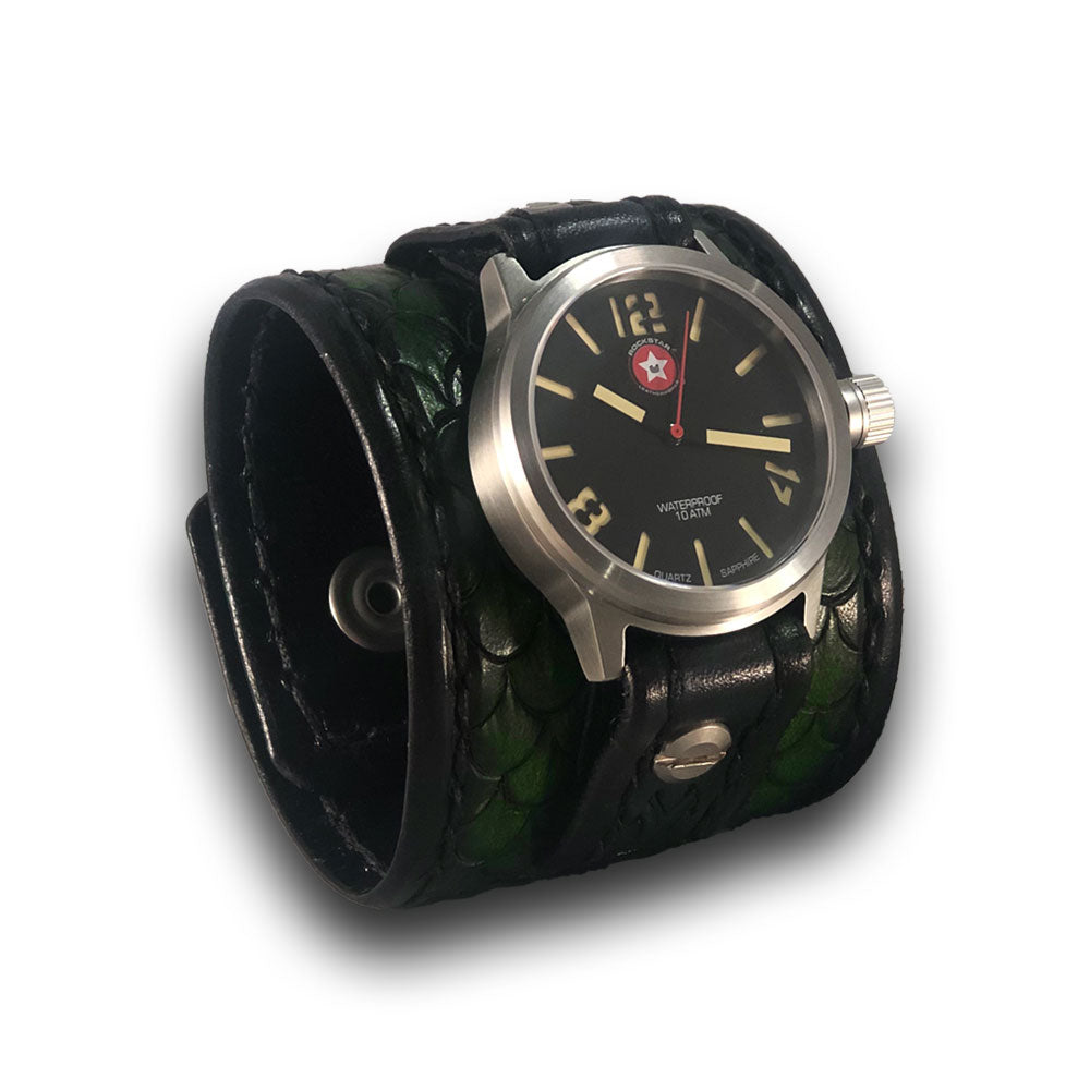 Green Dragon Scale Leather Watch with Snaps & Stainless 42mm - Rockstar ...