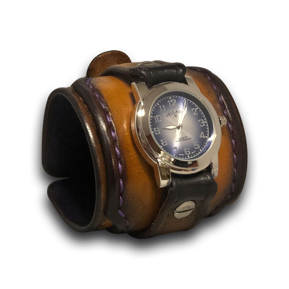 Tan Stressed Layered Leather Cuff Watch with Rust Stitching - Rockstar ...