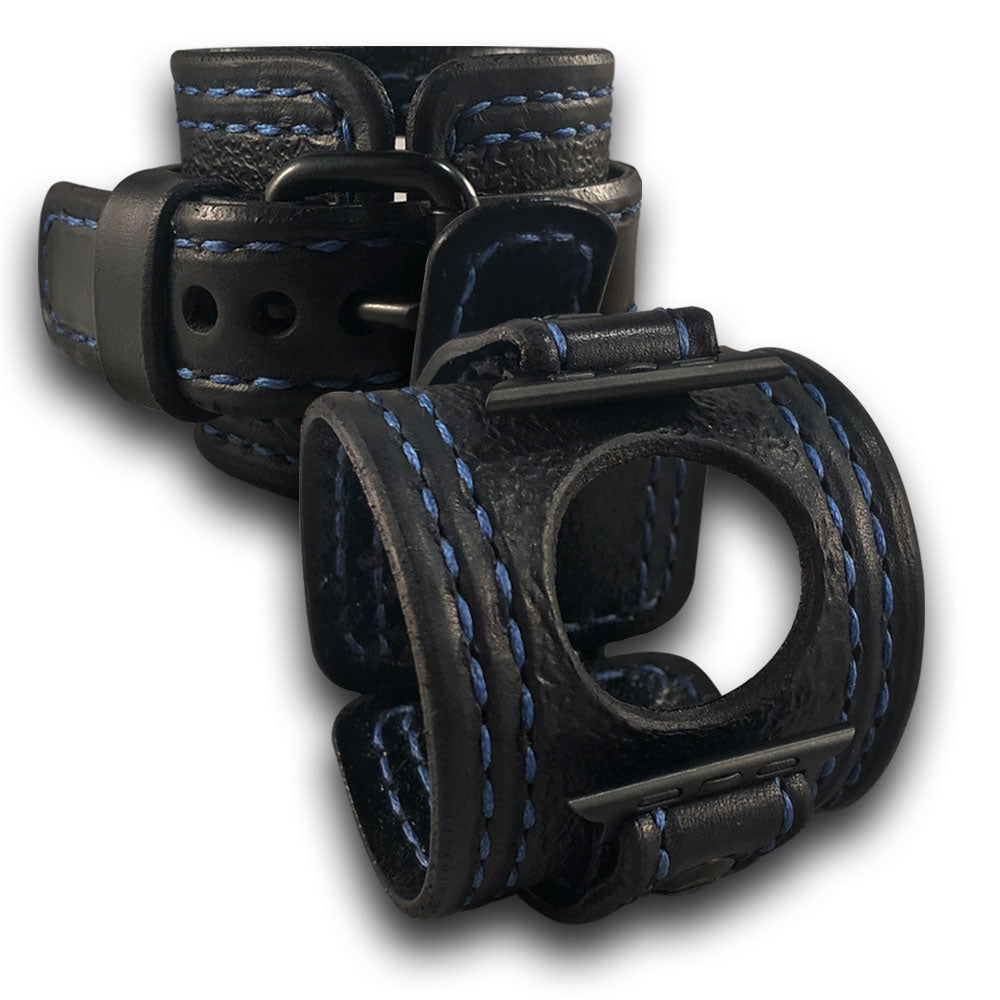 Black Apple iWatch Leather Cuff Watch Band with Snaps & Eyelets ...