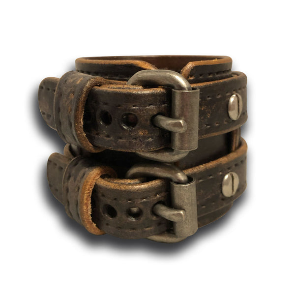 Weathered Double Buckle Double Strap Leather Cuff Wristband - Rockstar ...