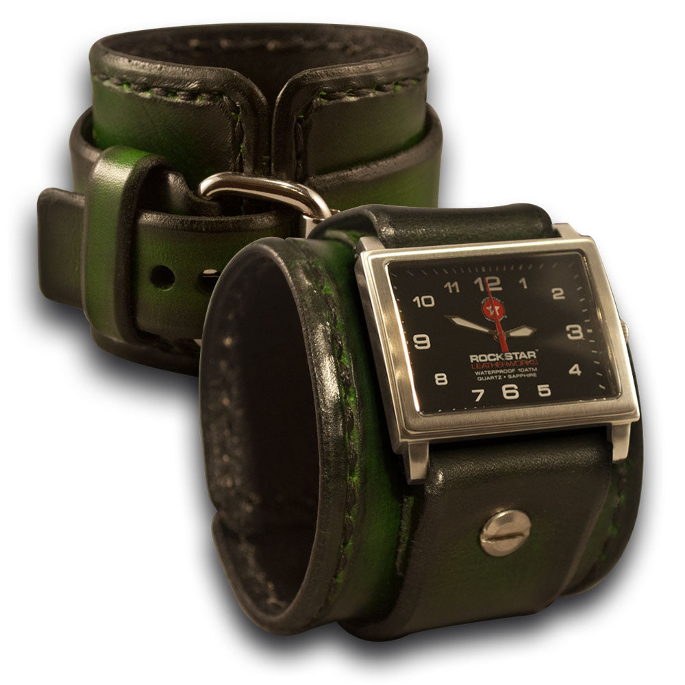 Blue Leather Cuff Watch with Black Hand Stitching - Rockstar Leatherworks™