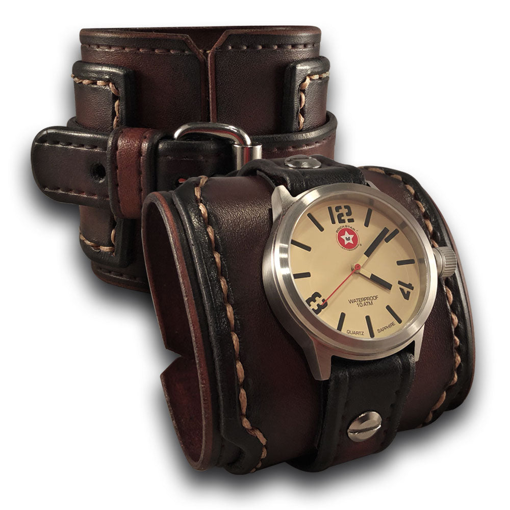 Brown Stressed Leather Cuff Watch with Stitching & Skull Snaps ...