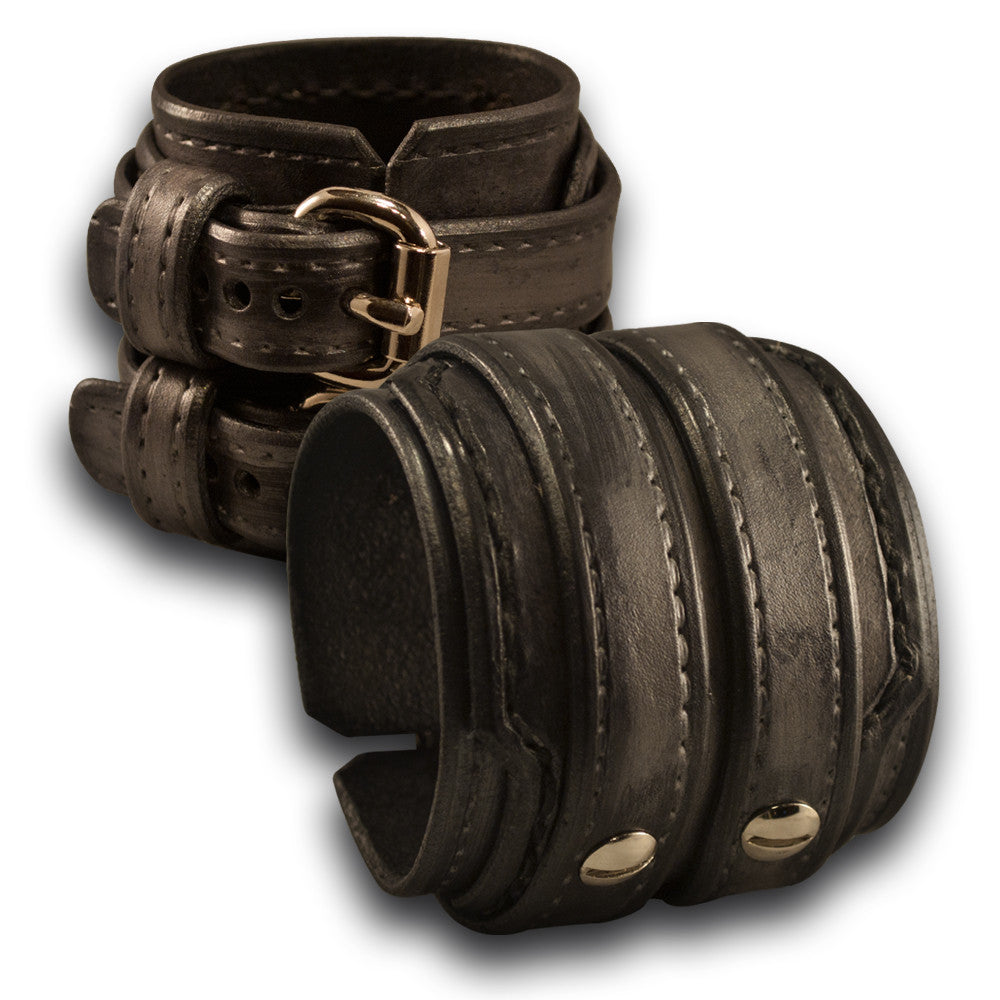 Silver & Black Layered Leather Double Strap Cuff Wristband - Rockstar ...