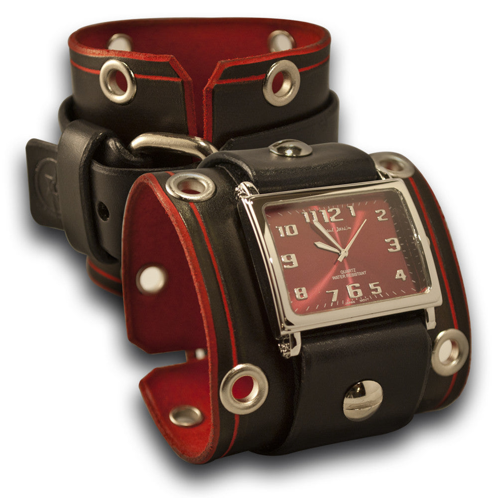 Blue Leather Cuff Watch with Black Hand Stitching - Rockstar Leatherworks™