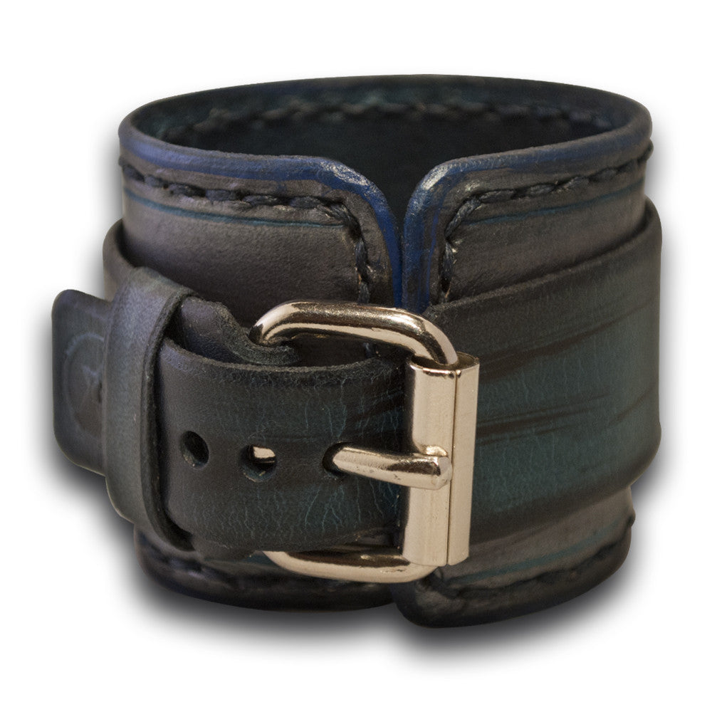 Blue Leather Cuff Watch with Black Hand Stitching - Rockstar Leatherworks™