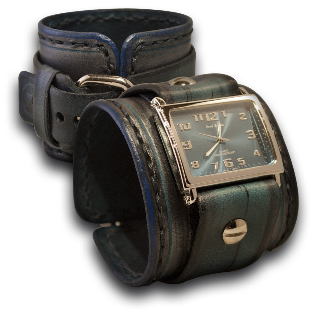 Blue Leather Cuff Watch with Black Hand Stitching - Rockstar Leatherworks™
