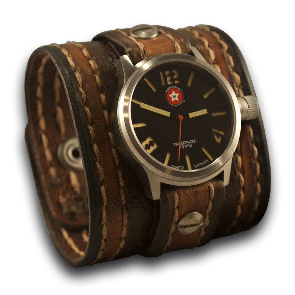 Brown Leather Cuff Watch - 42MM Stainless Sapphire - Rockstar Leatherworks™