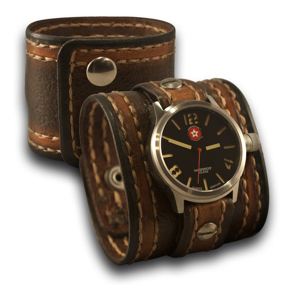 Brown Leather Cuff Watch - 42MM Stainless Sapphire - Rockstar Leatherworks™