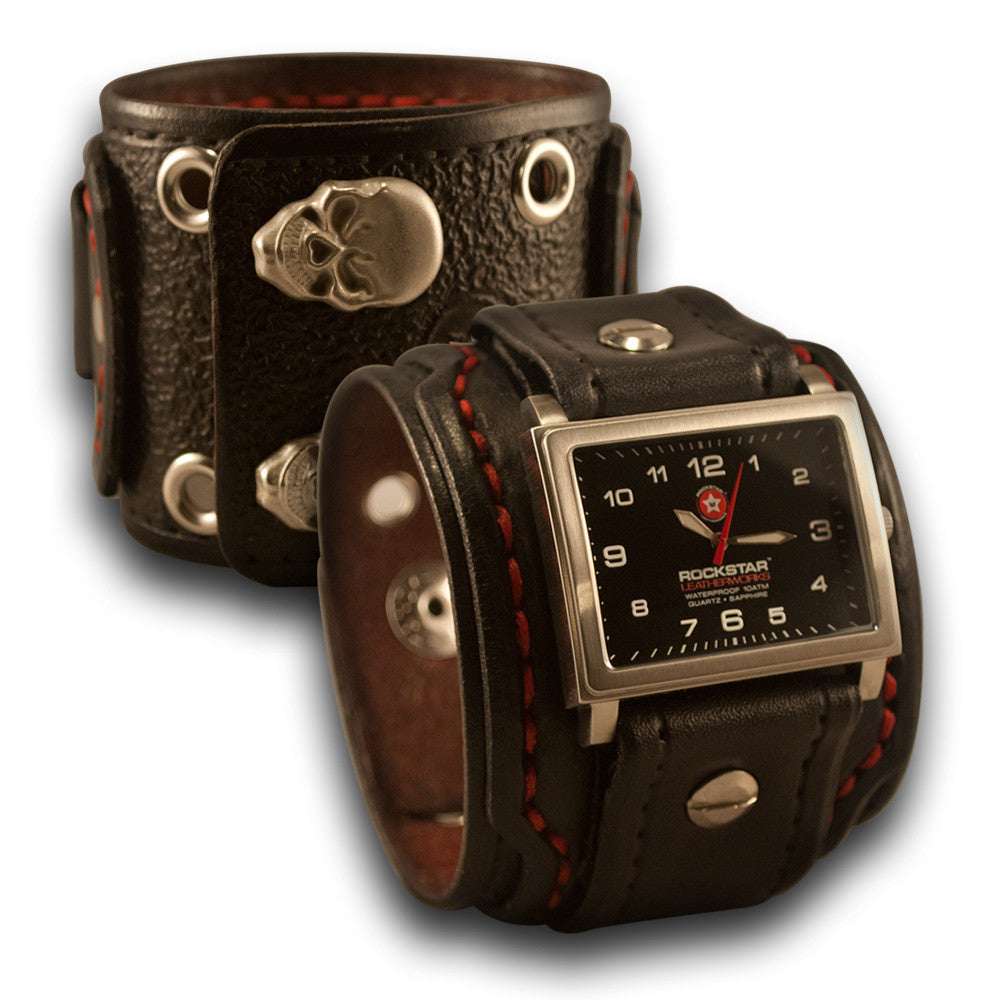 Black Layered Leather Cuff Watch with 42mm, Eyelets & Snaps - Rockstar ...